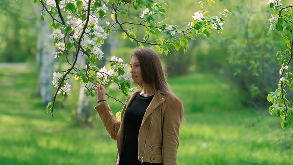 Beauty Young Woman Enjoying Nature in Spring Apple Orchard, Happy ...
