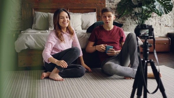 Cute Young Couple Popular Bloggers Are Recording Video for Their ...