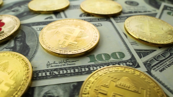 Gold Bit Coin BTC Coins and Dollar Bills., Stock Footage | VideoHive