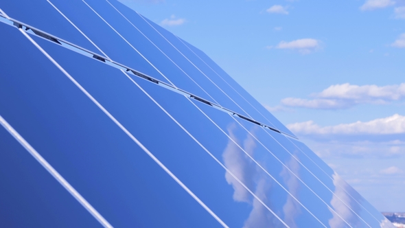 Solar Battery's Flat Surface Reflecting the Sky and the Clouds. Solar ...