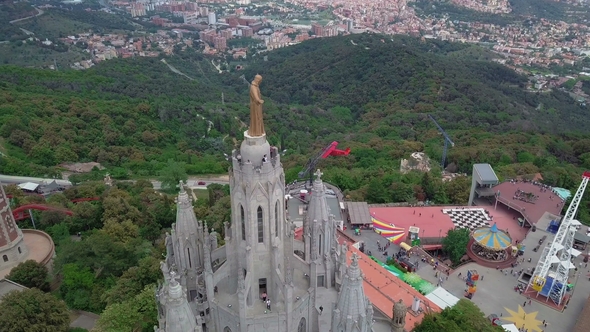 Aerial View of Tibidabo Monument and Amusement Park, Stock Footage