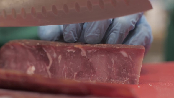Hands Chef Cook Using Knife for Cutting Meat While Cooking in Kitchen ...