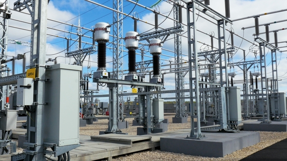 Large Electrical Transmission Station with Cables and Insulators, Stock ...