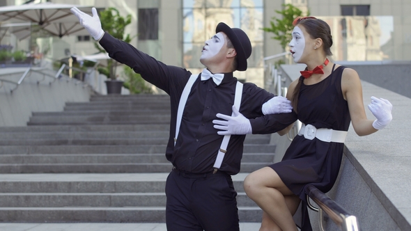 In Love Couple of Mimes Floating Away on Invisible Boat, Stock Footage