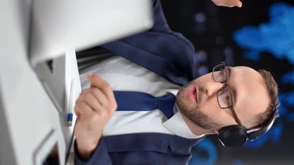 VERTICAL VIDEO POV Successful Business Man in Headset Talking Online ...