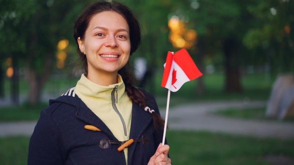 Portrait of Attractive Girl Canadian Sports Fan Holding National Flag ...