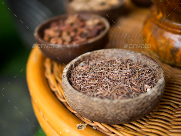 Traditional Indonesian spices used in Jamu spa treatments. Stock Photo ...