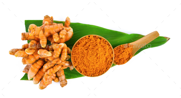 turmeric root and dry tumeric in wood bowl on white background Stock ...