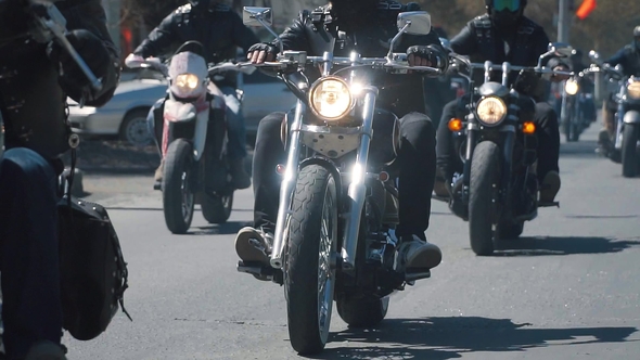 Many Subculture Bikers Group Ride on the Track on a Sunny Summer Day on ...