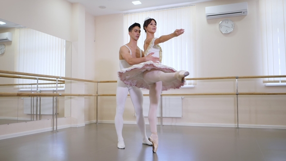 Professional, Emotional Ballet Dancers Practicing in the Gym or Hall ...