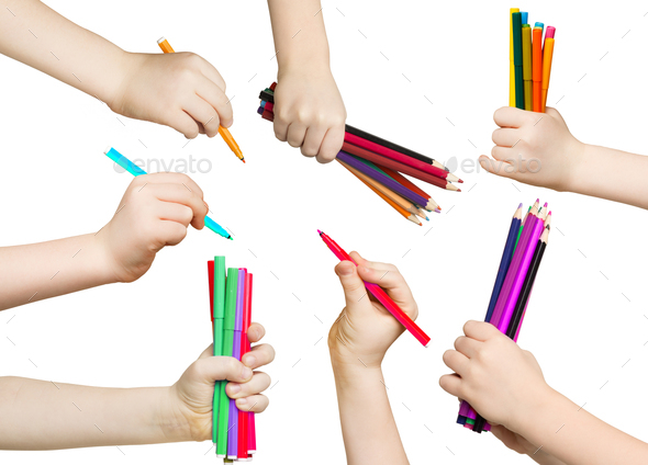 Set of child hands holding pencils and felt pens Stock Photo by ...