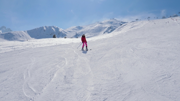 Elegant Woman Alpine Skier Skiing Down The Slope In Mountains, Stock ...