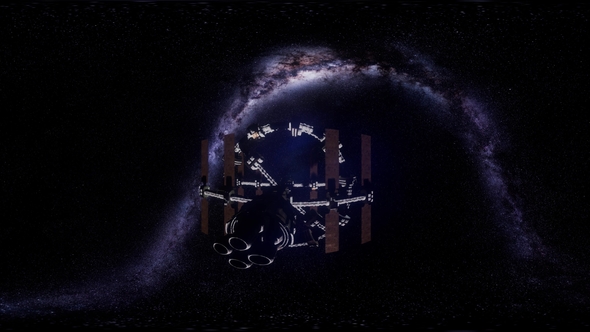 VR 360 Futuristic Spaceship Flying in Space with Mily Way, Motion Graphics
