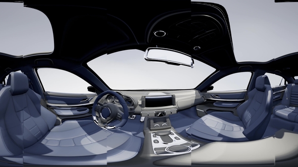 VR 360 Camera Moving Inside Detailed Car Interior, Motion Graphics