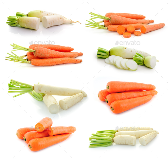 radishes and carrot isolated on white background Stock Photo by sommai
