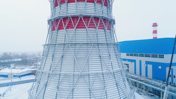 Motion Up Along Finished Cooling Tower on Frosty Day, Stock Footage