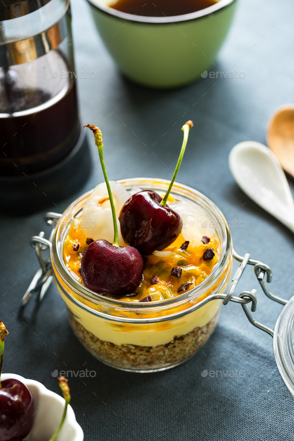 Cherry,Lychee and Passion fruit on Mascarpone, grounded Almond and ...