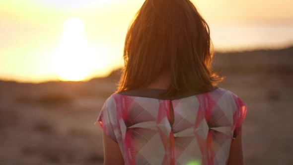Lonely Girl Walking at Sunset Coast. Woman Enjoying Summer Walk, Stock ...