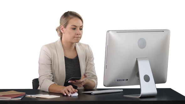 Woman Using Mobile Phone At Desk, white background, Stock Footage ...