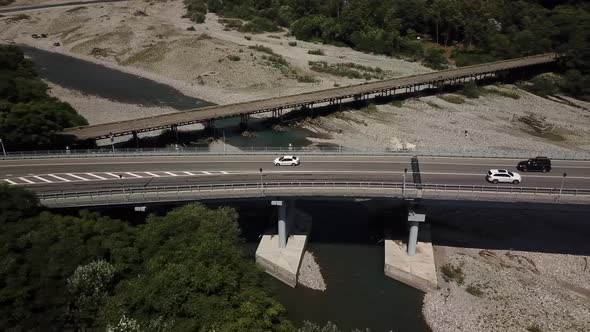 Aerial View of Traffic on Bridge, 2 Lane Road with Cars, Stock Footage