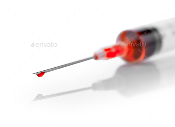 plastic syringe with red liquid isolated on white background Stock ...