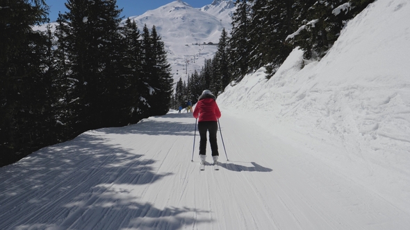 Movement Back View Sporty Woman Skier Skiing Down On Ski Slope Among ...