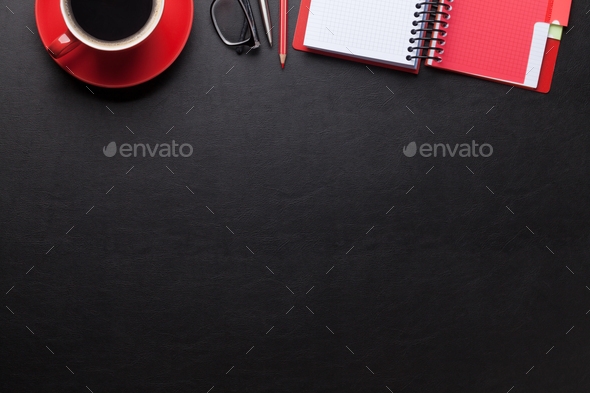 Office desk with notepad and supplies Stock Photo by karandaev | PhotoDune