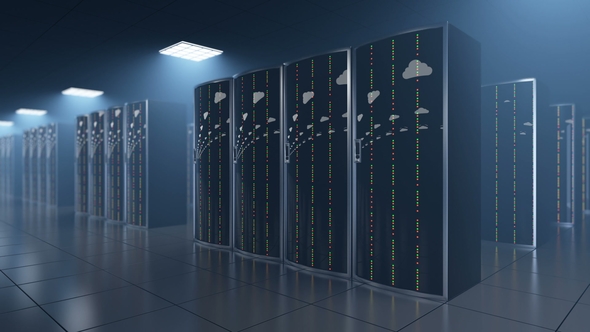 Server Room in Datastore with Clouds Reflection, Motion Graphics ...