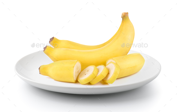 bananas in a plate isolated on a white background Stock Photo by sommai
