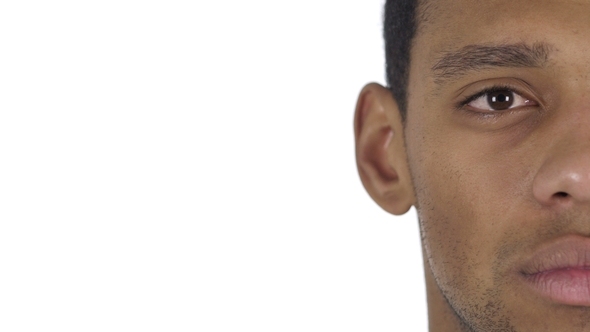 Half Face of Serious Woman Looking at Camera, White Background, Stock ...