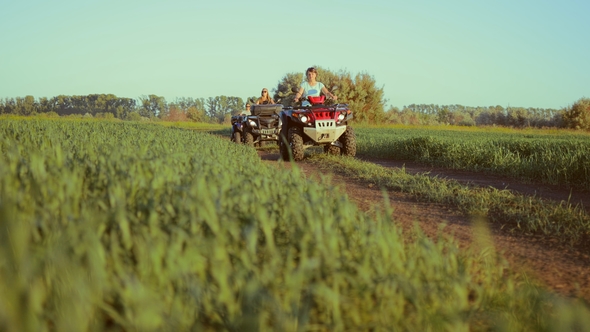 Group of People Driving Off-road with Quad Bike or ATV, Stock Footage