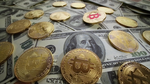 Gold Bit Coin BTC Coins and Dollar Bills., Stock Footage | VideoHive