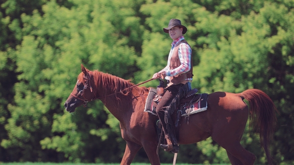Cowboy Rider Rides a Horse, Stops and Jumps Off It. Rider Stands Next ...
