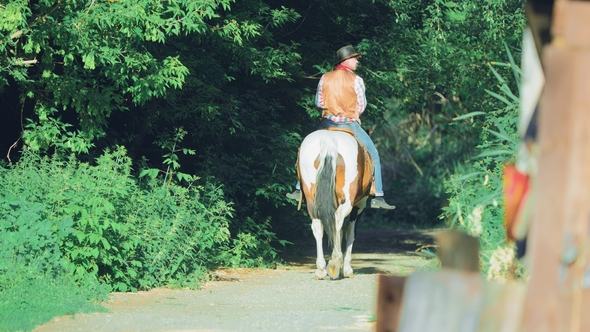 Rider on a Horse at the Ranch Drives Off Into the Distance, Stock Footage
