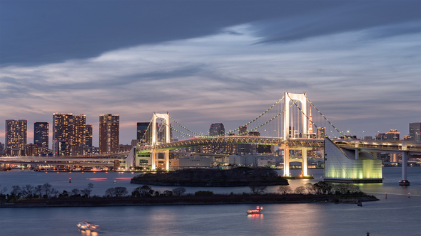 Tokyo, Japan, Timelapse - The Rainbow Bridge of Tokyo from Day to Night ...