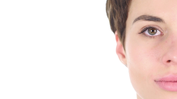 Half Face of Serious Woman Looking at Camera, White Background, Stock ...