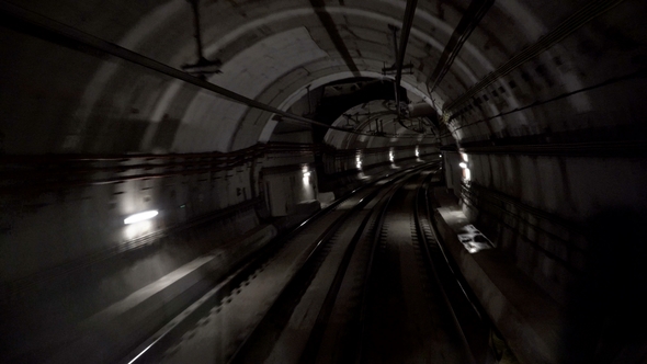 Fast Underground Train Riding in a Tunnel of the Modern City, Stock Footage