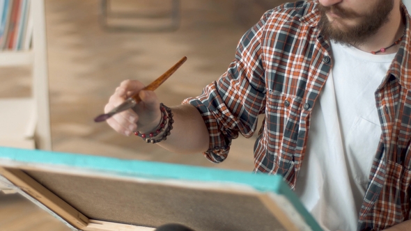 Painter Looks at Accomplished Picture, Stock Footage | VideoHive