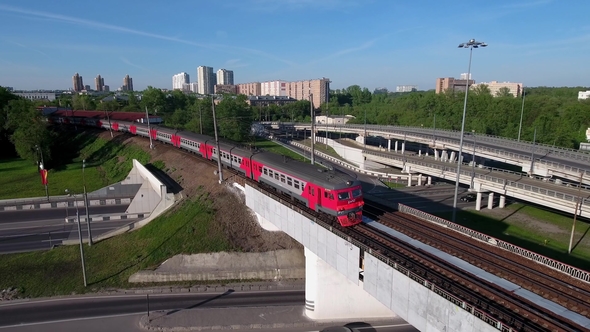 Moving Suburban Electric Train on the Bridge Near the Junction, Stock ...