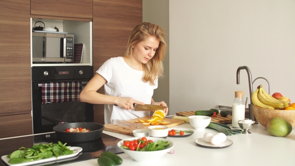 Portrait of Happy Female Wife in White T-shirt Cooking Dinner, Stock ...