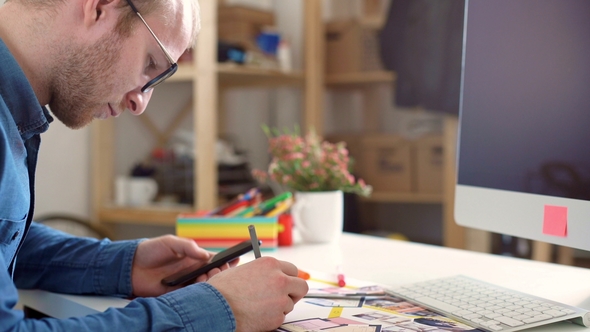 Handsome Man, Designer Working in Creative Agency Office, Stock Footage