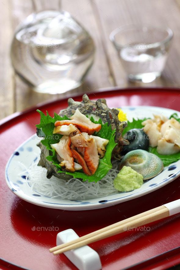 sazae ( horned turban shell ) sashimi, traditional japanese seafood ...