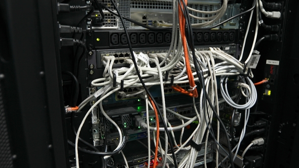 Back Side of Working Data Servers with Flashing LED Lights, Stock Footage