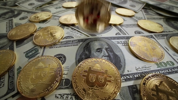 Gold Bit Coin BTC Coins and Dollar Bills., Stock Footage | VideoHive