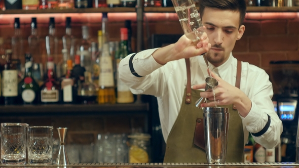 Professional Barman Prepare Cocktail Drink Using Shaker, Stock Footage
