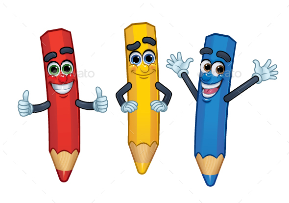 3 Cartoon Character Color Pencils by bayuprahara | GraphicRiver