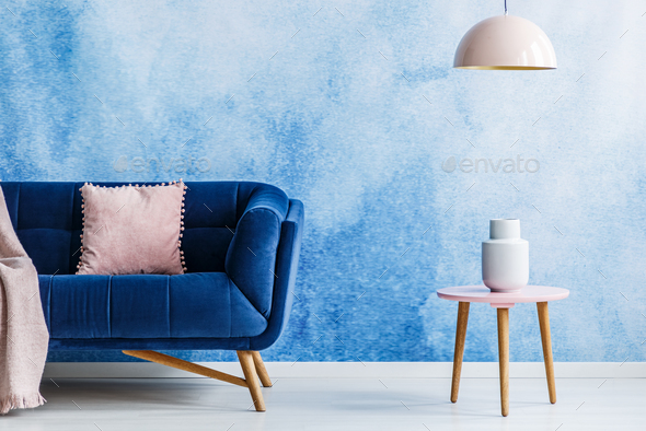 Blue and soft pink minimal style living room. Interior with dark Stock ...