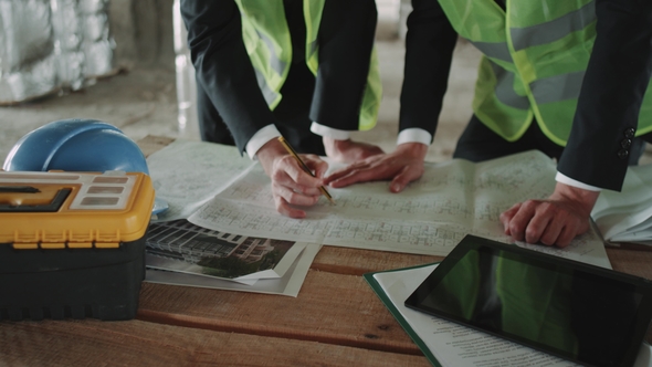 Two Experts Engineer Making Plan of Construction Site, Stock Footage