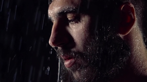 Face of Handsome Bearded Man Standing Under Rain in Dark Street ...