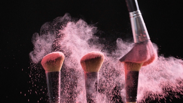 Concept of Cosmetics and Beauty. Make-up Brushes with Pink Powder ...